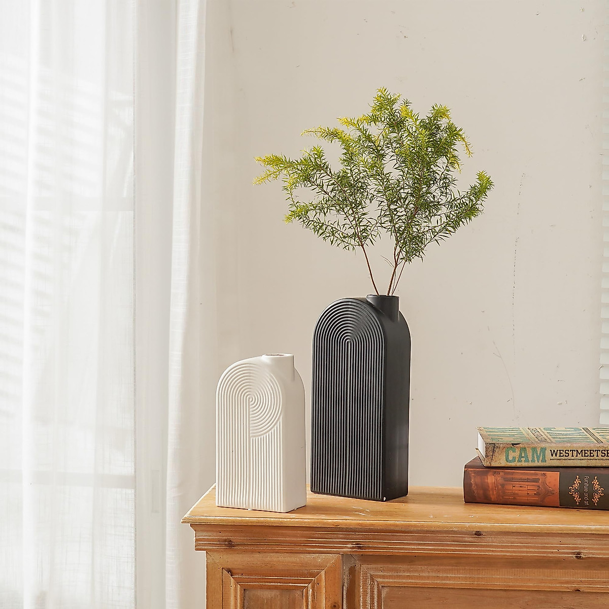 TERESA'S COLLECTIONS Black and White Modern Book Vase for Home Decor, Ceramic Decorative Flower Vase for Shelf, Fireplace Mantel, Centerpieces, Living Room, Housewarming Gifts for Mom, 11"-Set of 2