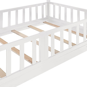 Bellemave Twin Over Twin Floor Bunk Bed with Slide and Ladder, Low Bunk Bed for Kids, Girls, Boys, Removable Fence, Bunk Bed with Slide, White