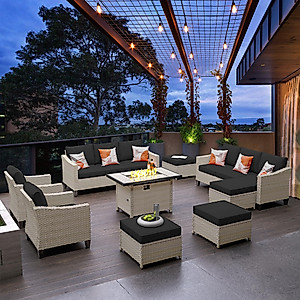 CAODOC 9 Pieces Outdoor Furniture,Patio Furniture with 42" Fire Pit Table,Wicker Conversation Set for Balcony,Deck,Pool and Backyard (Black)