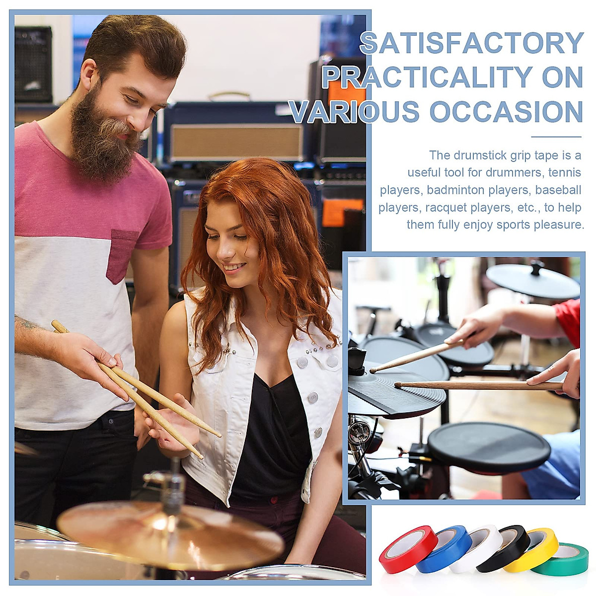 Konohan 6 Rolls Drum Stick Tape Drumstick Wrap Drumstick Tape Anti Slip Drumstick Grips for Drumming Accessories, 0.4 Inches Wide, 16.4 Yards Long, 6 Colors