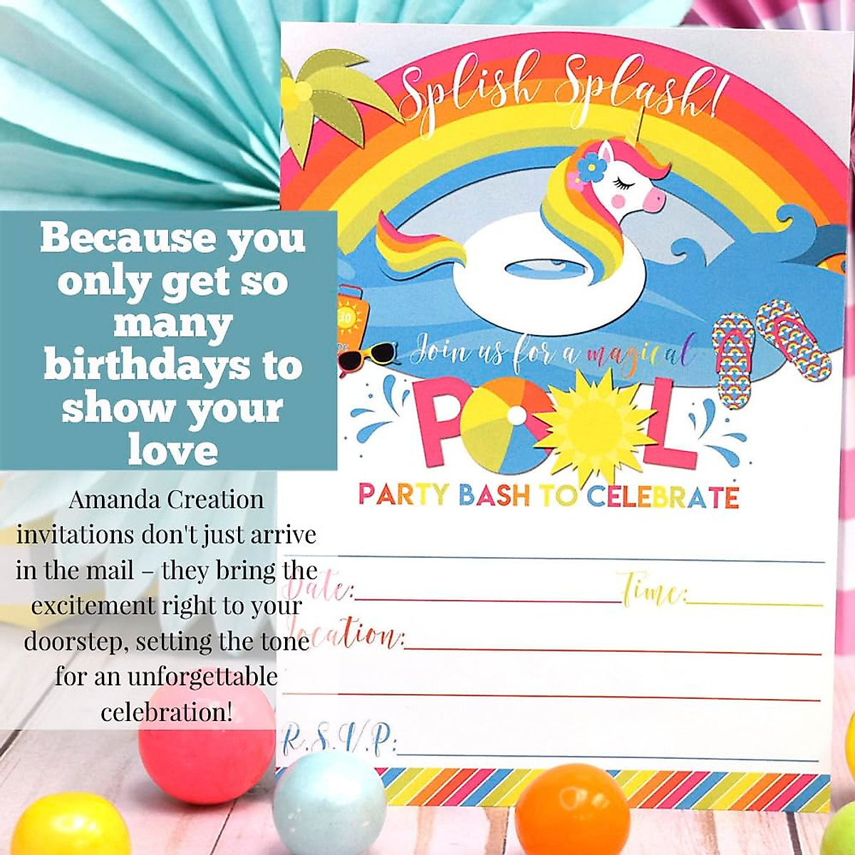 Unicorn Pool Float Rainbow Birthday Party Invitations, 20 5x7 Fill In Cards with Twenty White Envelopes by AmandaCreation