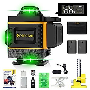 GROSAM Laser Level, 16-line Green Laser Level For Self-leveling Of Buildings And Picture Hangings, Two 360° Vertical Lines And Two 360° Horizontal Lines With Battery Power Detection