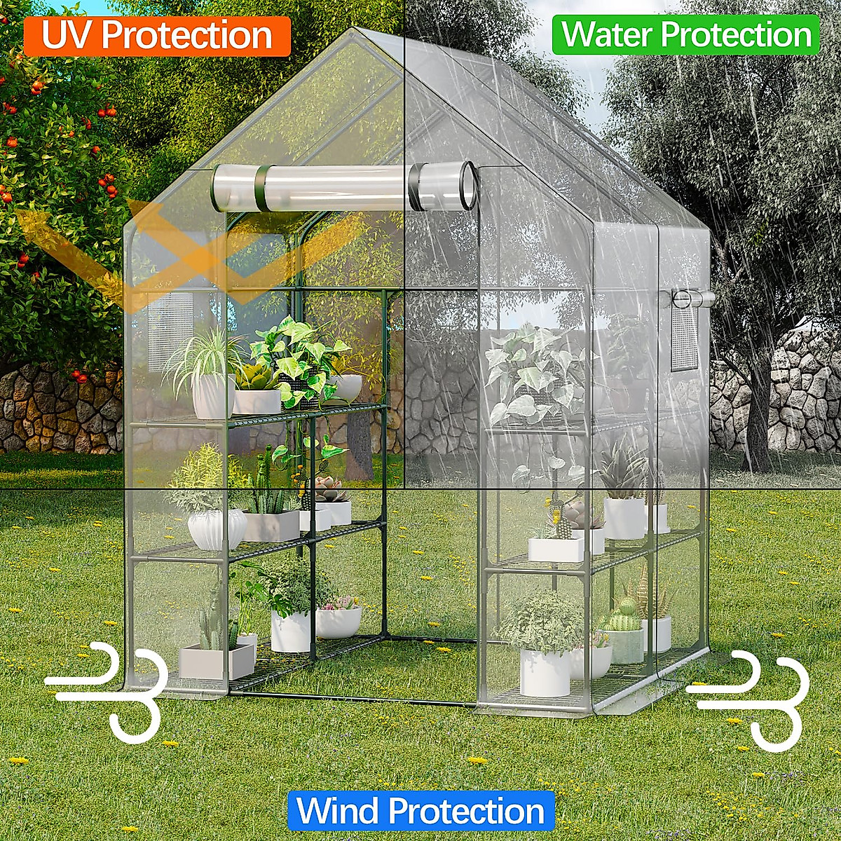 CEBOLAN Walk in Greenhouse, 56x56x77 Waterproof Green Houses for Outside, Portable Greenhouses for Outdoors with Roll-Up Zipper, Greenhouse for Indoors - 12 Shelves Walk-in(6.4x4.7x4.7FT)