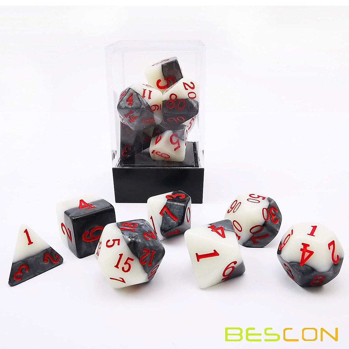 Bescon Two-Tone Glowing Polyhedral Dice 7pcs Set Green Dawn, Luminous RPG Dice Set d4 d6 d8 d10 d12 d20 d%, Brick Box Packaging