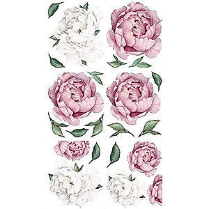 Wonder Space Jumbo Peony Watercolor Wall Decals - Large Size Peonies Flowers Leaves Room Wall Stickers - Scandinavian Design Floral (Pink & White)