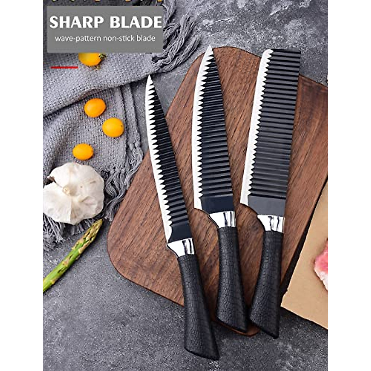 GAJING 6PCS Non-stick Black Kitchen Wavy Pattern Lightweight Knife Set with Ergonomic Handle Includes Chef Knife,Carving Knife,Slicer,Paring knife,Peeler and a pair of scissors