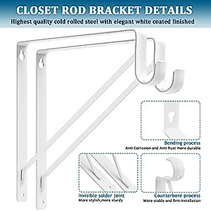 AYAYGD 4PCS Heavy Duty White Closet Rod Brackets 11 x 11 Inch,1-3/8Inch Diameter Shelf and Rod Bracket Holder for Home and Closet Decor, Wall Mount Closet Pole Supports Bracket Hook with Screws