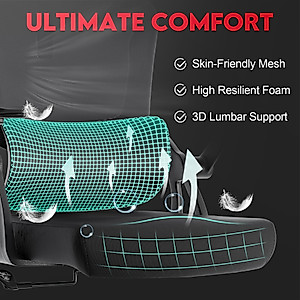 LaoJawBow Ergonomic Office Chair - 500LB Comfy Desk Chairs with Headrest and Lumbar Back Support, Heavy Duty Mesh Computer Chairs with Wheels and Arms for Home Office, Study, Bedroom and College Dorm