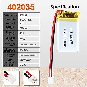 AKZYTUE 3.7V 200mAh 402035 Lipo battery Rechargeable Lithium Polymer ion Battery Pack with JST Connector