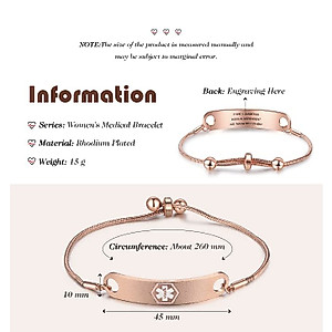 Jewelstruck Medical Alert Bracelets for Women Adjustable Emergency ID Bracelets Free Engraving Personalized Medical Bracelets for Women Custom Medical ID Bracelets for Women (Rose gold)