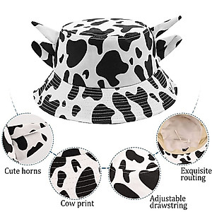 Cow Print Bucket Hat with Cute Horn Ears Cow Print Summer Beach Sun Hat Fisherman's Cow Bucket Hat (White)