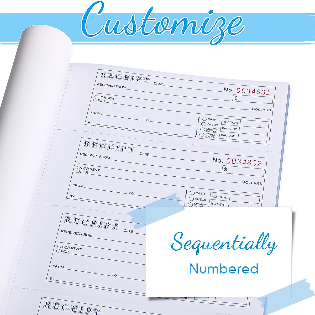 Crtiin 10 Books Money and Rent Receipt Book 3 Part Carbonless Receipt Book with Carbon Copies 7-5/8" x 10-7/8" Bound Cover Receipt Log Book 100 Sets Per Book 4 Receipts Per Page