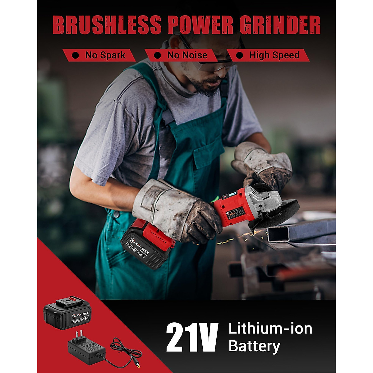 SILVEL Cordless Angle Grinder, 21V Cordless Grinders Tools with 3.0Ah Lithium-Ion Battery, Charger, 2 Position Handle, 4-1/2inch with 8500RPM Brushless Motor Cordless Grinder for Metal, Wood