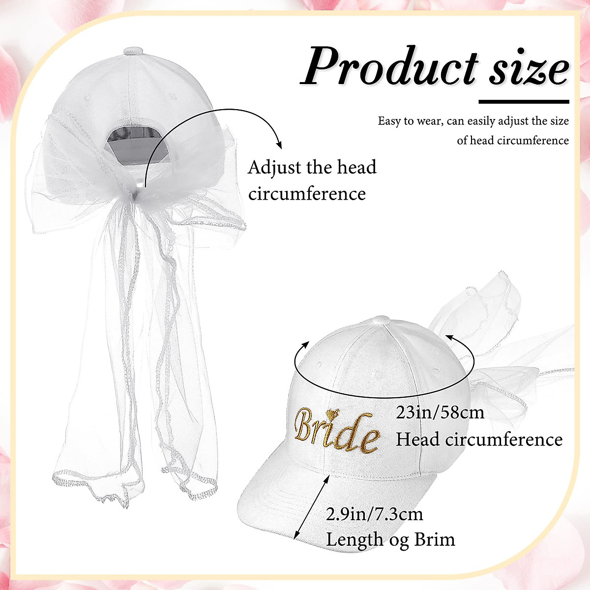 Bridal Baseball Cap Women's Lace Veil Adjustable Bride Hat Wedding Bridal Party Hat Gold Embroidered Ponytail Trucker Ponycap for Bachelorette Wedding Beach Ball Sports, White