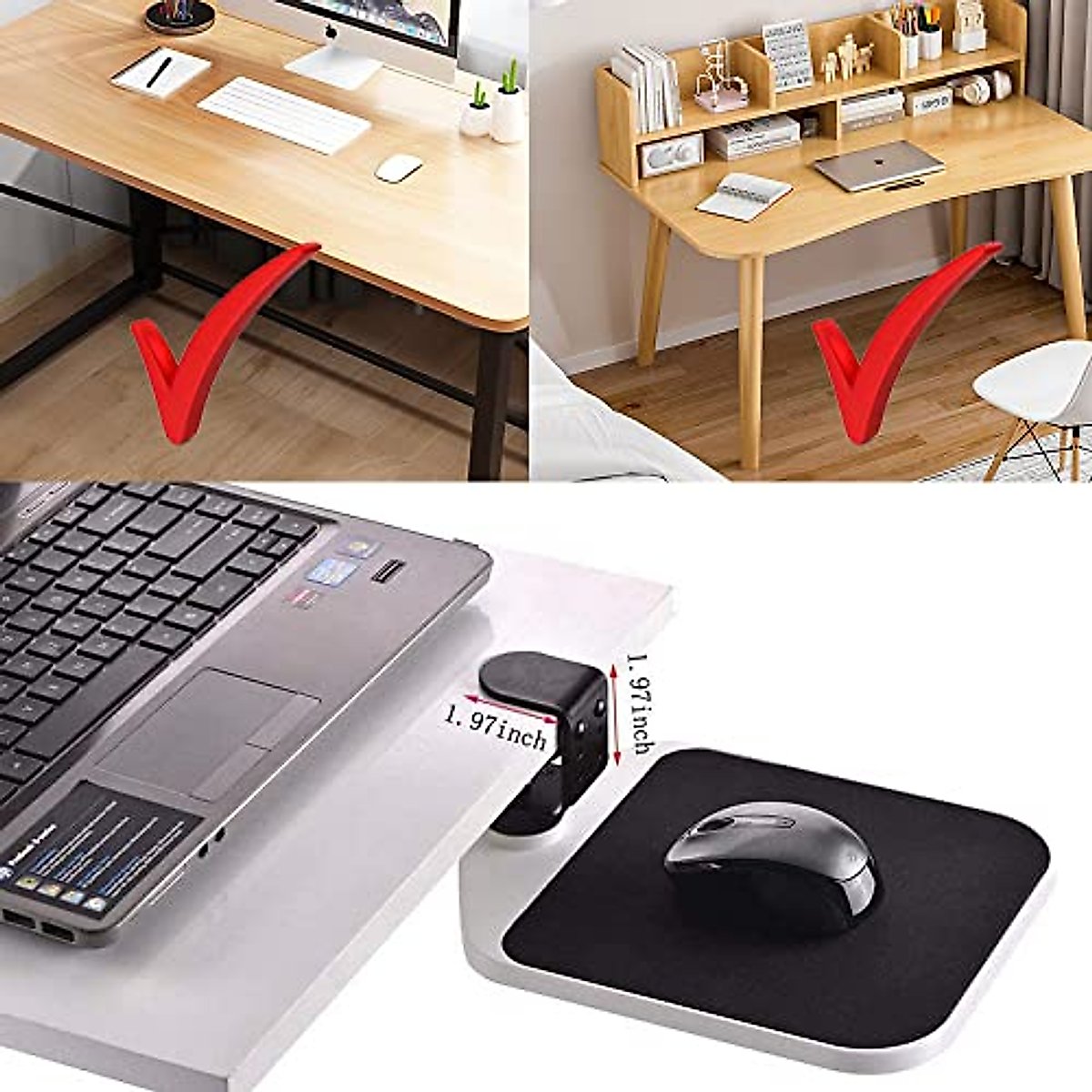 FUZADEL Mouse Platform Clamp On Under Desk Adjustable Mouse Tray Mount Swivel Mouse Tray Wrist Rest Rotating 360 Degree