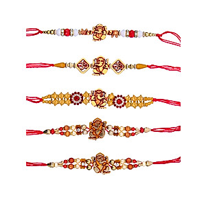 Crunchy Fashion 5 pcs Designer Rakhi Set with Roli/CHawal/Rice/Gift Pouch for Brother, Sister Raksha Bandhan Handmade Bracelet for Bhaiya Bhabhi Rakhi Combo in bulk