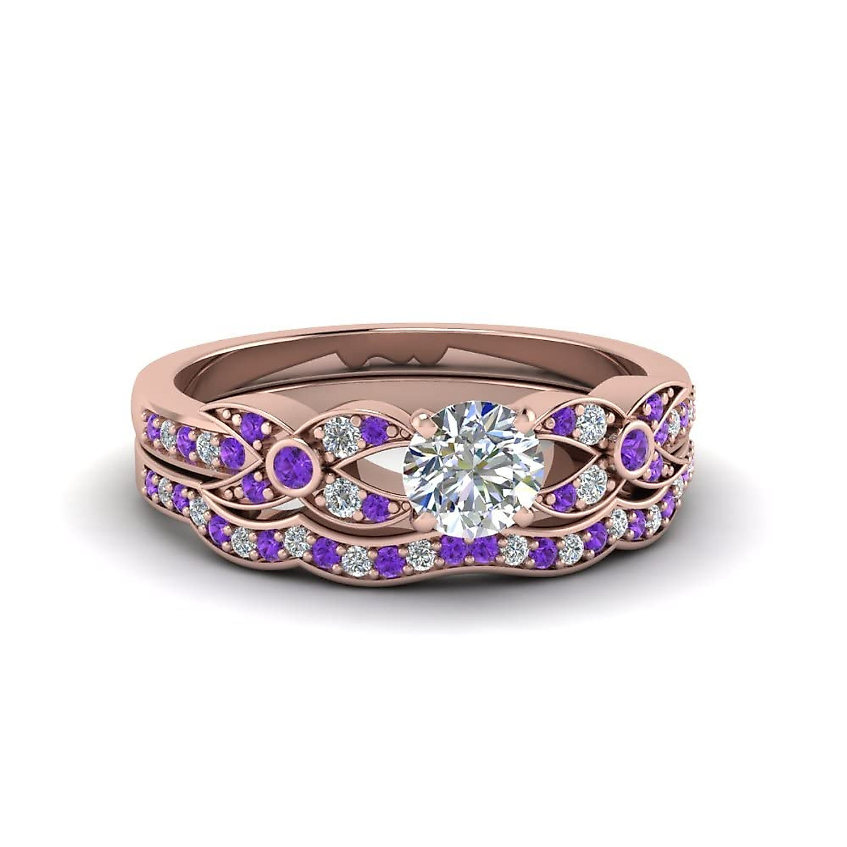 CustomizedGifts Flower Pave Diamond Wedding Ring Set rose gold plated Natural Amethyst Round shape purple color Wedding Ring Sets bezel Setting in Size 8 Party Wear Daily Wear Ornament