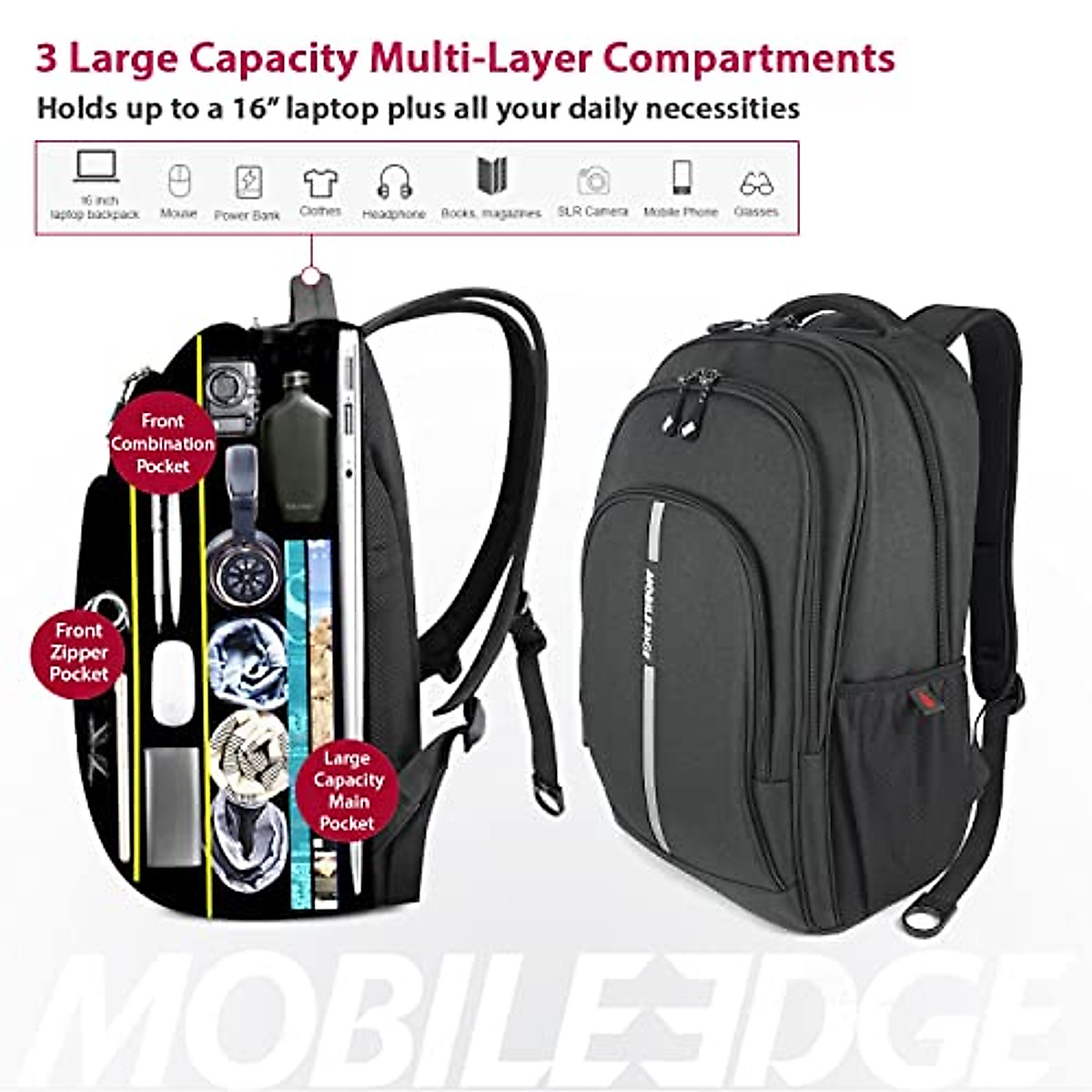 Mobile Edge Commuter Laptop Backpack for Men and Women, 16 Inch Computer Bag for Travel, Work, Commuting, with USB Charging Port, Lightweight, Black