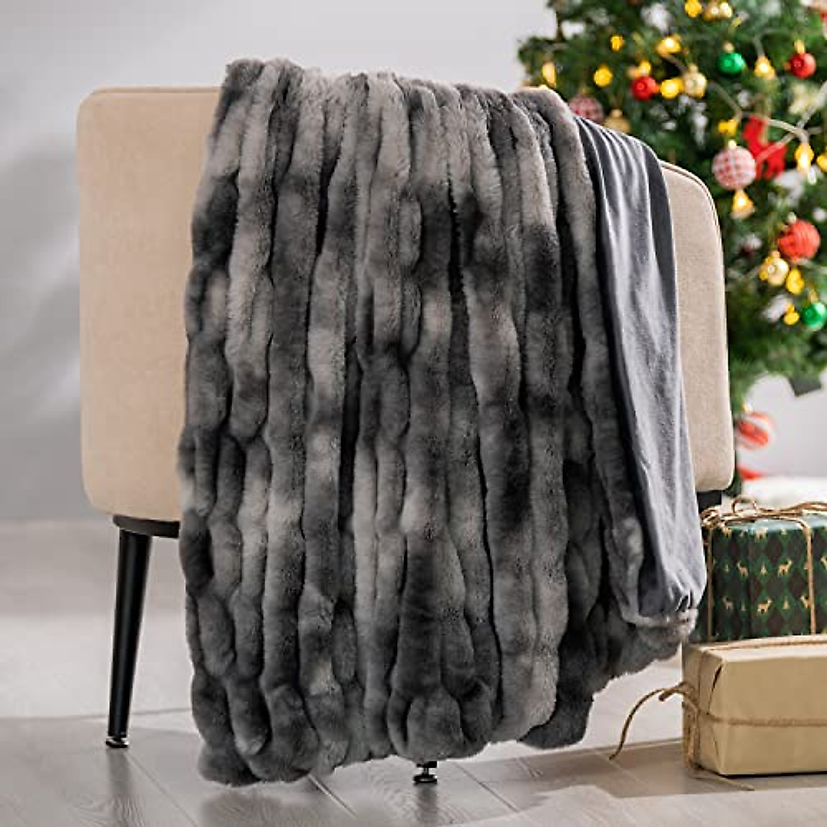 RECYCO Soft Rabbit Faux Fur Throw Blanket, Luxurious Ruched Blanket for Christmas Holiday, Couch, Bed, Living Room, Sofa. Fuzzy, Warm Throw Blanket with Reversible Mink Velvet, Marbled Grey, 60"x80"