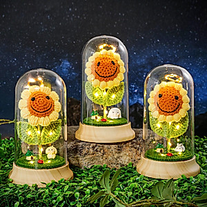 Levvohd Crochet Sunflower Gifts for Women, Artificial Sun Flower Birthday Gifts for Grandma, in Plastic Dome Sunflower, for Her Mom Mothers Day Christmas Day Gifts (B - Sunflower 4.3 in X 7.5 in)