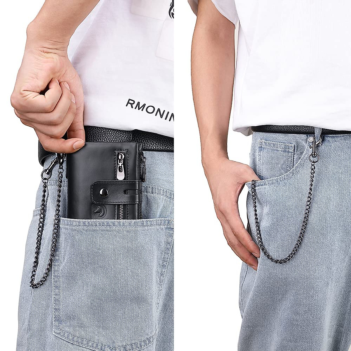 bill heart Mens Wallet with Chain Genuine Leather Purse RFID Blocking Bifold Double Zipper Coin Pocket with Anti-Theft Chain