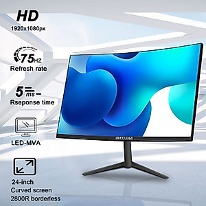 DUODUOGO 24 Inch Curved Computer Monitor 75Hz 2800R Curvature Full HD 1920x1080 LED Screen Monitor for Business, HDMI, VGA, 5ms Response Time