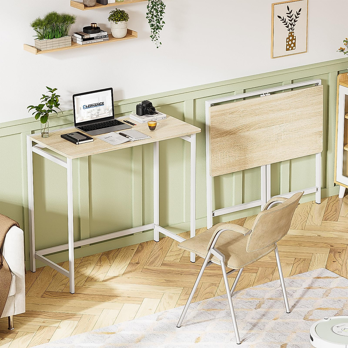 Elephance Folding Desk No Assembly Required 31.5" Small Foldable Computer Desk for Small Spaces, Space Saving Study Writing Office Desk Foldable Table for Home Office Beige