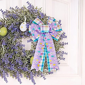 SIMISI RIBBON Easter Large Wreath Bow Burlap Wired Ribbbon Bow with Bunny Eggs Door Ornaments for Easter Day Gift Wrapping Party Decorations, 11x17.7 inch