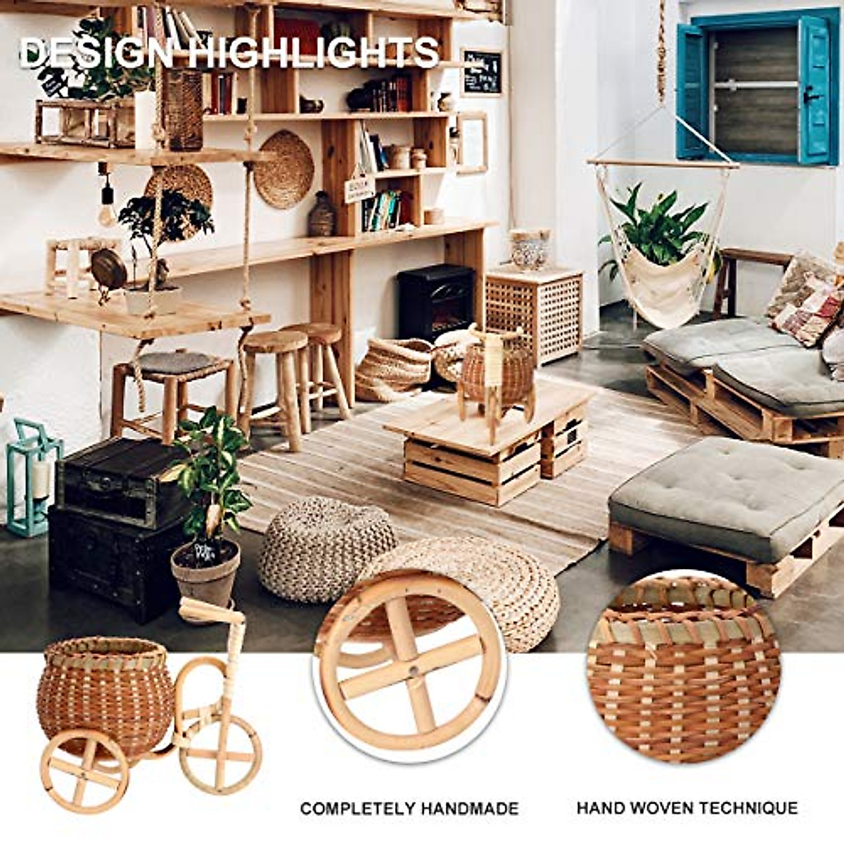 Garneck Small Rattan Basket Bamboo Woven Tricycle Shape Rack Belly Round Basket Handmade Multifunctional Dried Nuts Pencil Pen Bucket for Home Living Room Light Brown