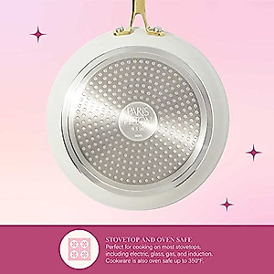 Paris Hilton Iconic Nonstick Pots and Pans Set, Multi-layer Nonstick Coating, Matching Lids With Gold Handles, Made without PFOA, Dishwasher Safe Cookware Set, 10-Piece, Cream