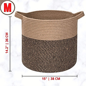MINTWOOD Design 15 x 14 Inches Decorative Woven Cotton Rope Storage Basket, Stuffed Toy Basket Bin, Laundry Basket, Nursery Basket, Blanket Basket, Dog Toy Basket, Planter Basket, Black Jute