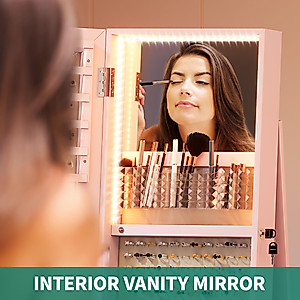 YITAHOME Mirror Jewelry Cabinet with Lights Standing Jewelry Armoire Storage Rotatable Full Length Mirror Jewelry Organizer Lockable Jewelry Armoire with Wheels for Bedroom, Cloakroom, Pink