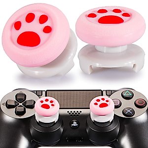 Playrealm FPS Thumbstick Extender & 3D Texture Rubber Silicone Grip Cover 2 Sets for PS5 Dualsenese & PS4 Controller (Cat Paw Coral)