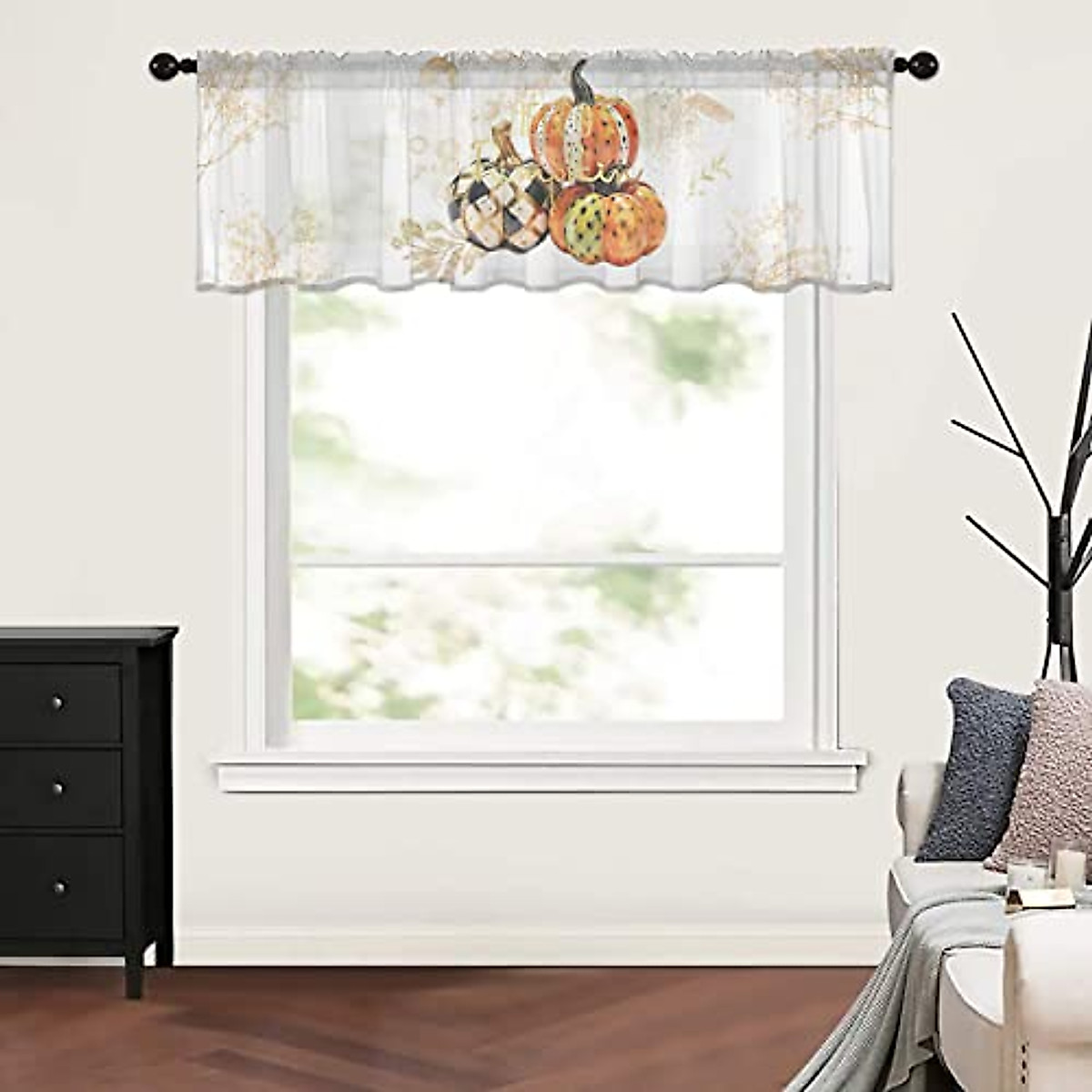 Chiffon Window Valance Kitchen Curtains Fall Thanksgiving Pumpkin White,Rod Pocket Tier Curtain Light Filter Panel,Farmhouse Gold Foil Botanical Windows Valances Drapes for Bedroom,Bathroom 54x18In