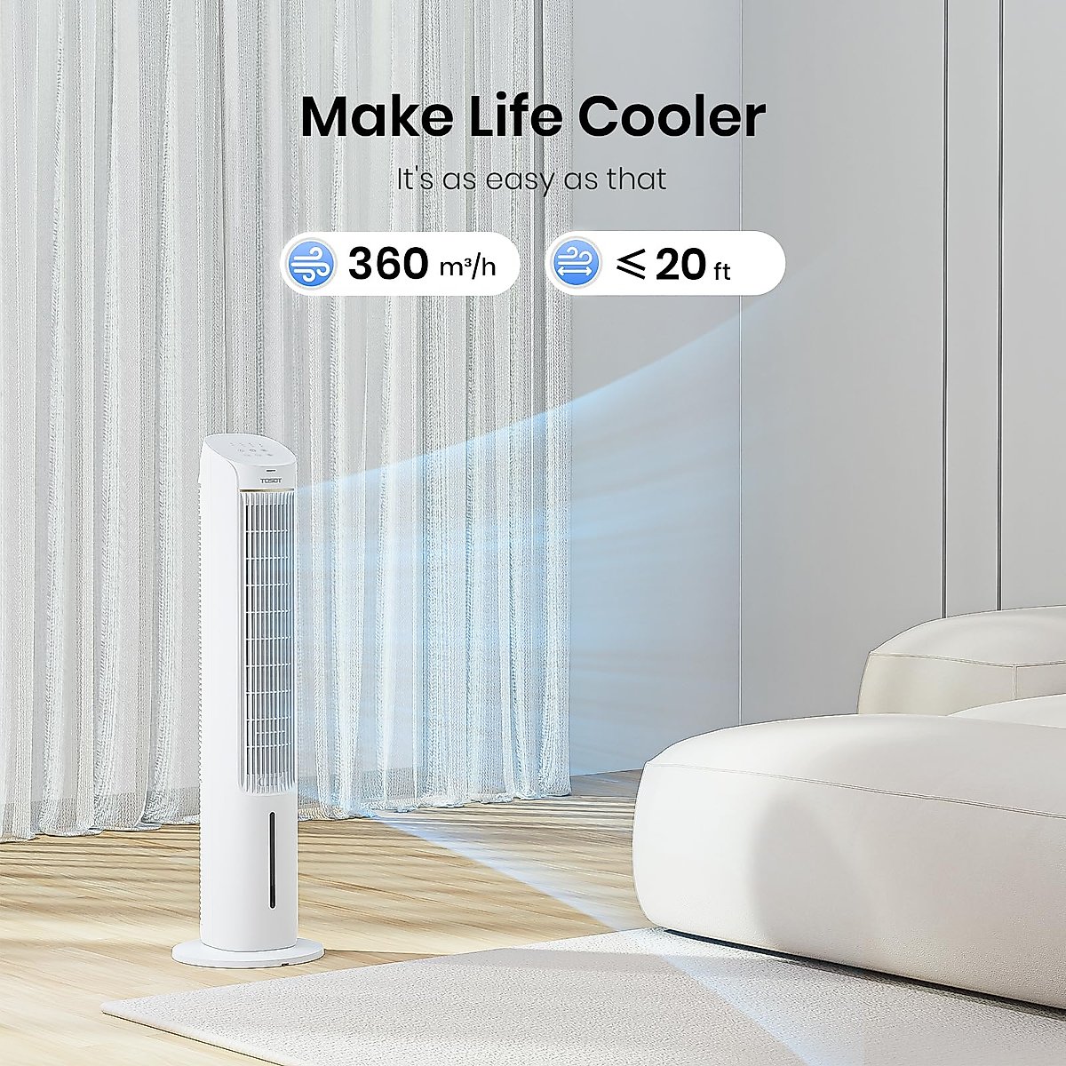 TOSOT Tower Fan Oscillating 80°, Cooling Fan with 2 Ice Packs, CFM 360m³/h, 3 Speed Quiet Fan with Remote Control, 7 Hours Timer, Humidifiers with Removable 4L Water Tank, Floor Fan for Home Bedroom