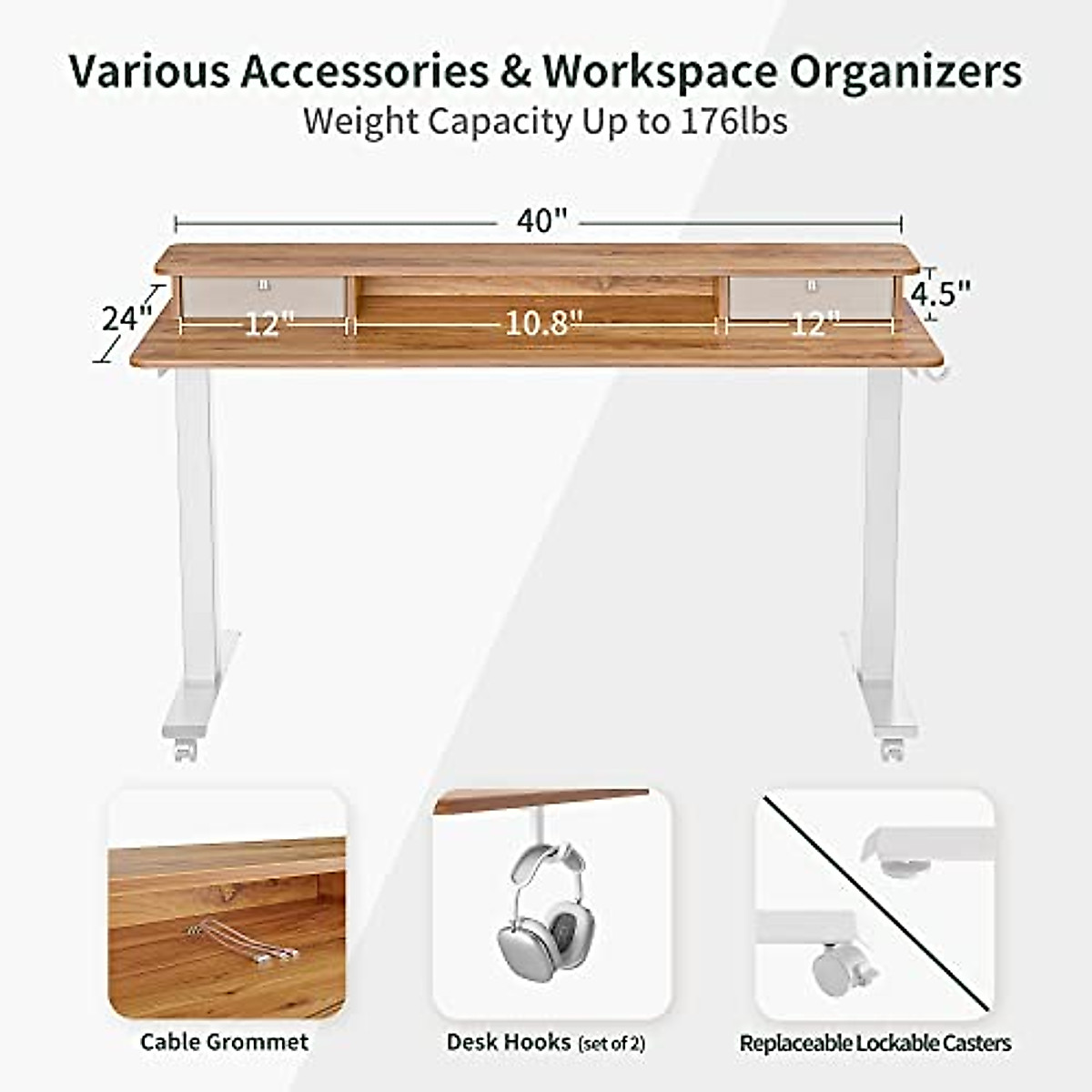 FEZIBO Height Adjustable Electric Standing Desk with Double Drawer, 40 x 24 Inch Stand Up Table with Storage Shelf, Sit Stand Desk with Splice Board, White Frame/Light Rustic Brown Top