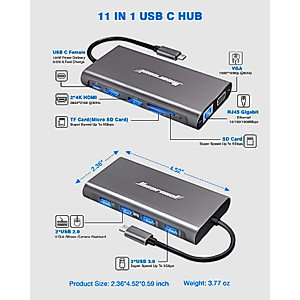 Hiearcool USB C Hub, USB-C Laptop Docking Station, 11IN1 Triple Display Type C Adapter Compatible for Dell Hp Lenovo Windows (2HDMI VGA PD3.0 SD TF Card Reader Gigabit Ethernet 4USB Ports)