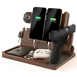 BarvA Adaptive Wood Gun Rack 2 Phone Docking Charging Station Gifts for Men Dad Birthday Ideas Nightstand Organizer Charging Dock Watch Charging Stand Wallet Key Gadget Device Bedroom Bedside Holder