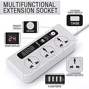 J Elektro Universal Power Strip with Surge Protector, 4 USB Charging Ports and 3 Universal Outlets Extension Cord with 24 Hour Timer, 1.4M/4.6FT Extension Lead with Timer Socket for Home Office