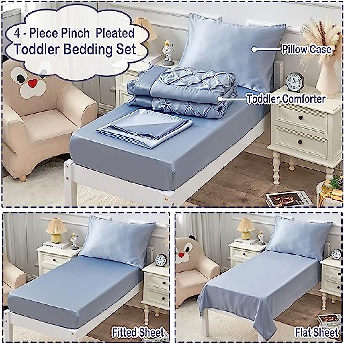 Toddler Bedding Set for Girls 4 Piece Pinch Pleated Grey Ruffle Fringe Pintuck Toddler Bed Comforter Set for Kids Bed-in-a-Bag Quilt Crib Sheet Set with Comforter,Flat Sheet,Fitted Sheet,Pillowcase