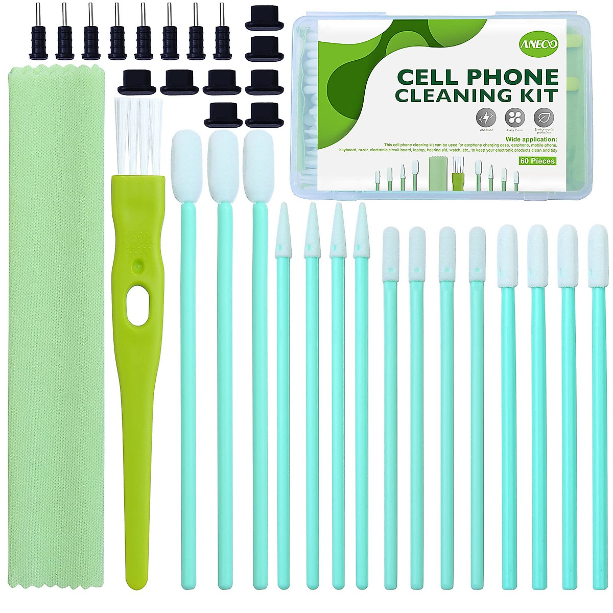Aneco 60 Pieces Cell Phone Cleaning Kit Brush Set USB Charging Port Dust Port Covers Plug Set and Headphone Jack Cleaner Compatible with iPhone, iOS Android, Cell Phone, Electronics Cleaner