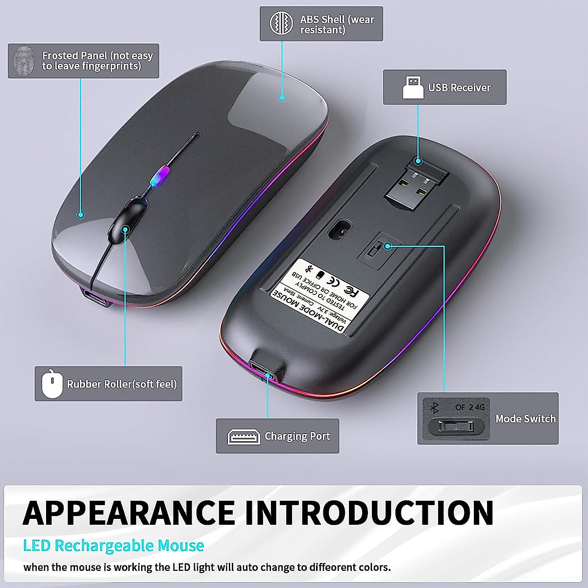 Atrasee Dual Mode LED Wireless Bluetooth Mouse for Laptop, Slim Rechargeable RGB Computer Mice (USB 2.4G + Bluetooth 5.1), Ergonomic PC Gaming Mouse w/ 3 Adjustable DPI, for Laptop MacBook Pro, Black