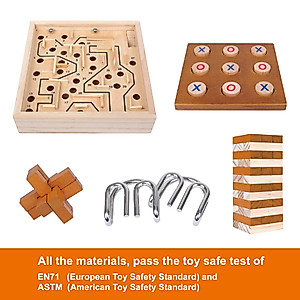 Offelec 5 in 1 Board Game with Wooden Brain Teaser Puzzles, Metal Brain Teaser Puzzles, Labyrinth, Wooden Stacking Tower, and Tic Tac Toe Toy Games, Board Games for Kid and Adults, Party Family Game