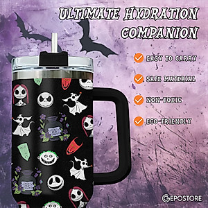 GEPOSTORE Halloween Gifts for Movie Lovers, Jack Skeleton 40 oz Stainless Steel Tumbler with Handle, Lid, and Straw, Nightmare Before Movie Cup, Halloween Mug, Horror Movie Gifts for Cartoon Lovers