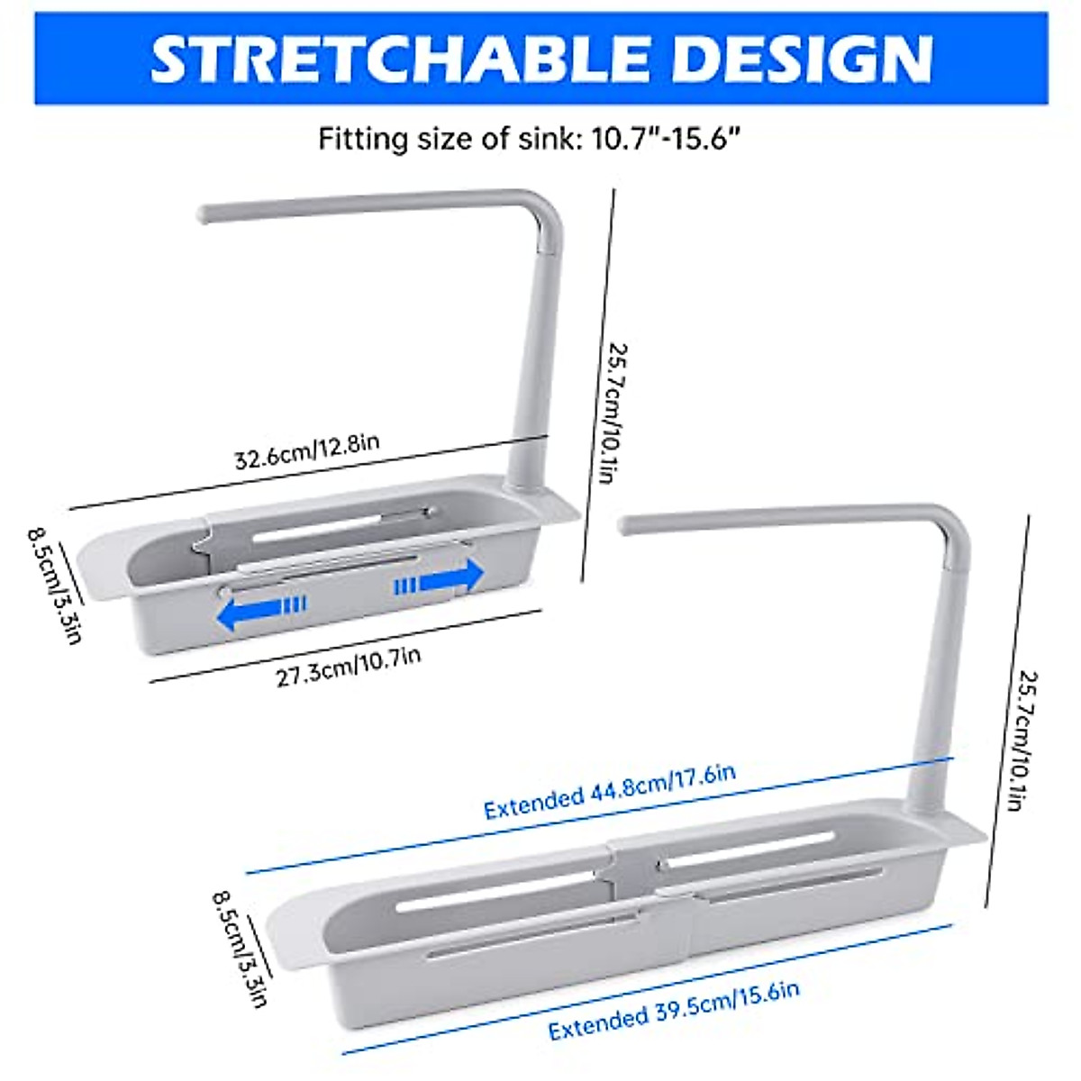NiHome Telescopic Kitchen Over Sink Organizer with Towel Hanger, Expandable Slim Drain Basket Multifunctional Caddy Adjustable Length Colander Rack Sponge Holder Storage Tray for Home Bathroom (Grey)