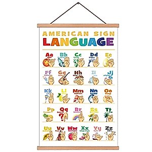 KAIRNE American Sign Language Poster with Wood Magnetic Hanger Framed(35CMx56CM),ASL Alphabet Wall Art Teaching Aid Alphabet Chart for Kids Playroom Classroom Decor