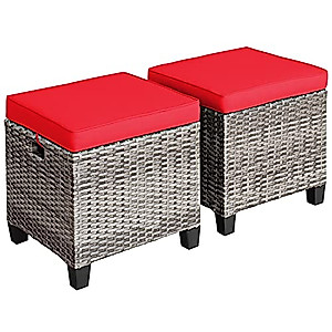 Tangkula 2 Pieces Patio Rattan Ottomans, Outdoor Wicker Footstool Footrest Seat with Soft Cushions and Steel Frame, All-Weather Patio Ottoman Set for Backyard Garden Poolside (Red)