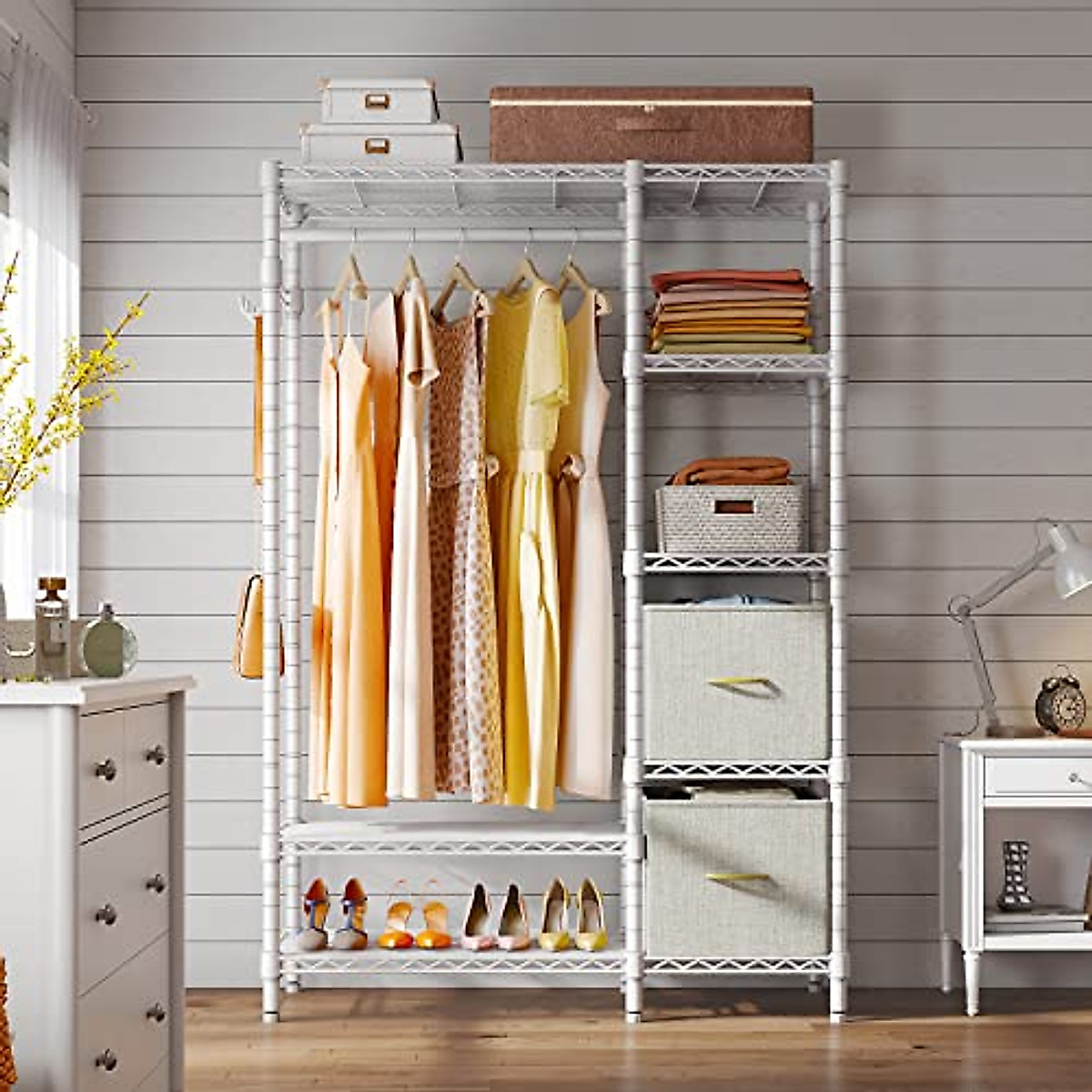 VIPEK V7 Wire Garment Rack 6 Tiers Heavy Duty Clothes Rack with 2 Fabric Drawers, Freestanding Wardrobe Closet Metal Clothing Rack for Hanging Clothes, 44.9"L x 16.5"W x 76.4"H, Max Load 730LBS, White