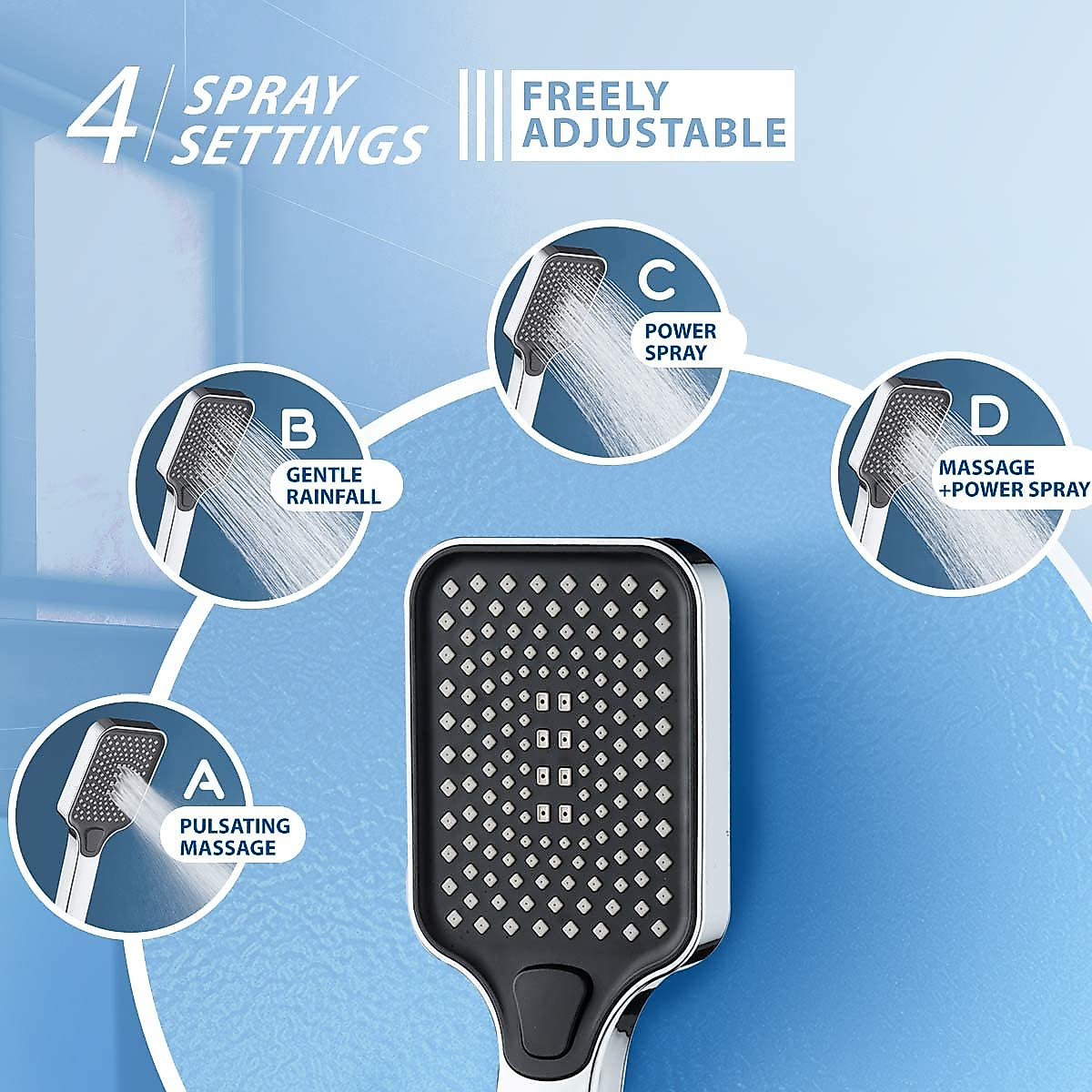 Anjien Hand Held Shower Head with Long Hose, Rainshower Showerhead & Detachable Handheld - Waterfall Shower, Massaging Showerhead & Multifunction Shower Head, High-Pressure Shower Head (Chrome Silver)
