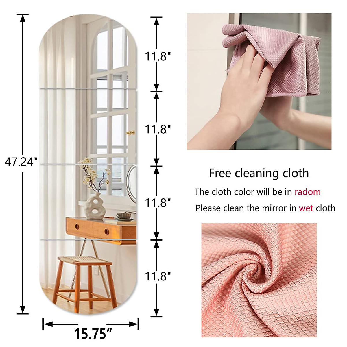 Full Body Length Mirrors for Walls, 15.7x12 4pcs Acrylic Plexiglass Mirror Stickers Wall-Mounted Stick On Frameless Makeup Large Long Mirror Home Workout Gym Hallway Dorm Floor Tile Self Adhesive